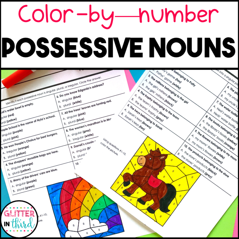 Possessive Nouns Worksheets Color-By-Number Grammar - Glitter in Third