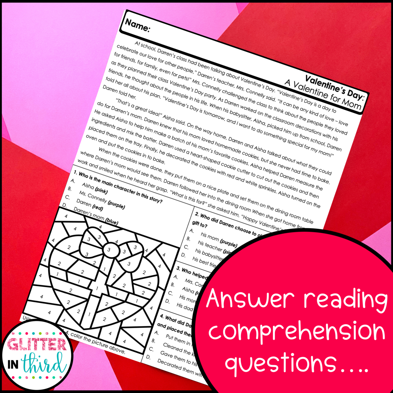 Valentine's Day Reading Comprehension Color By Number Worksheets ...