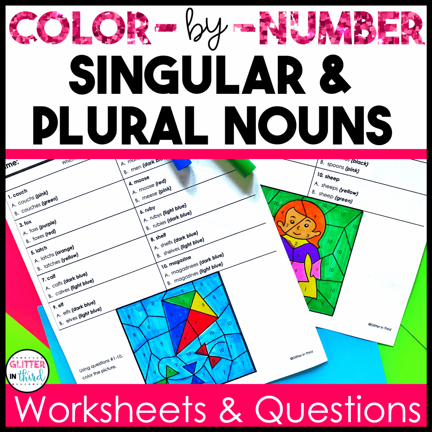 Singular and Plural Nouns Worksheets Color-By-Number Grammar - Glitter ...