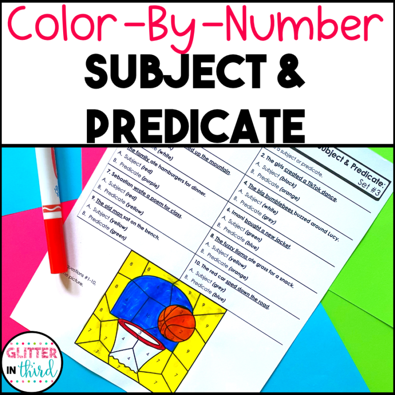 Subject and Predicate Worksheets Color-By-Number Grammar - Glitter in Third
