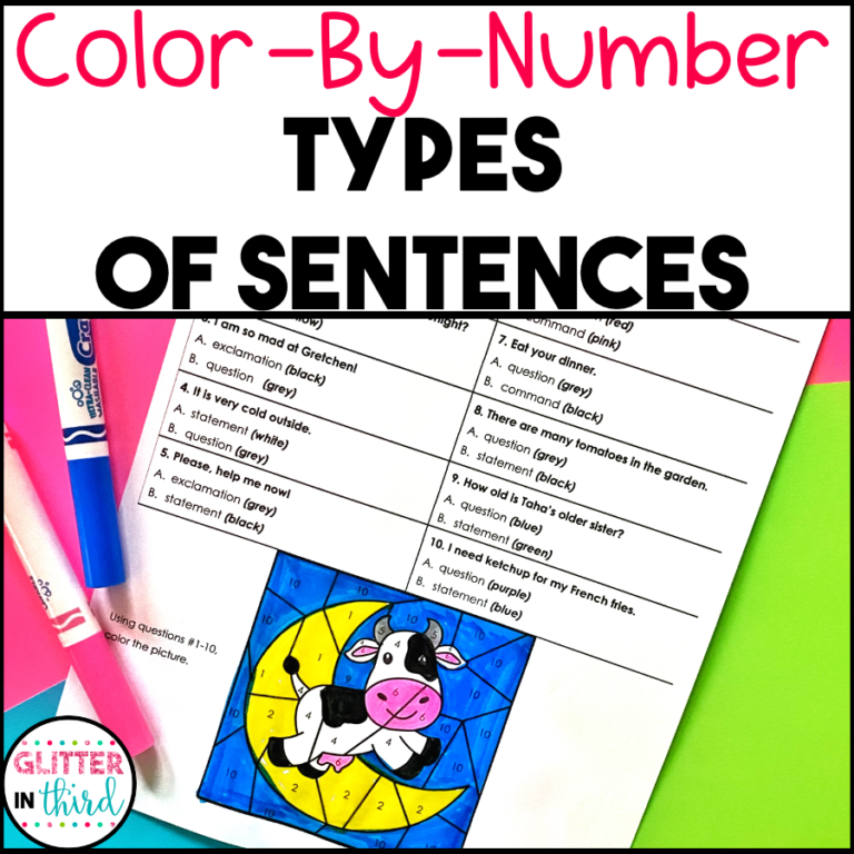 Types of Sentences Worksheets Color-By-Number Grammar - Glitter in Third
