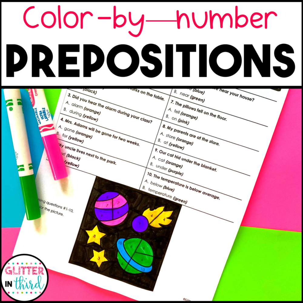 Prepositions Worksheets Color-By-Number Grammar - Glitter in Third