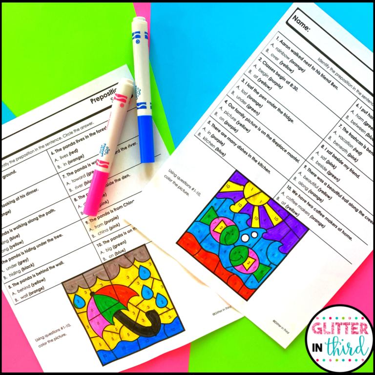 Prepositions Worksheets Color-By-Number Grammar - Glitter in Third