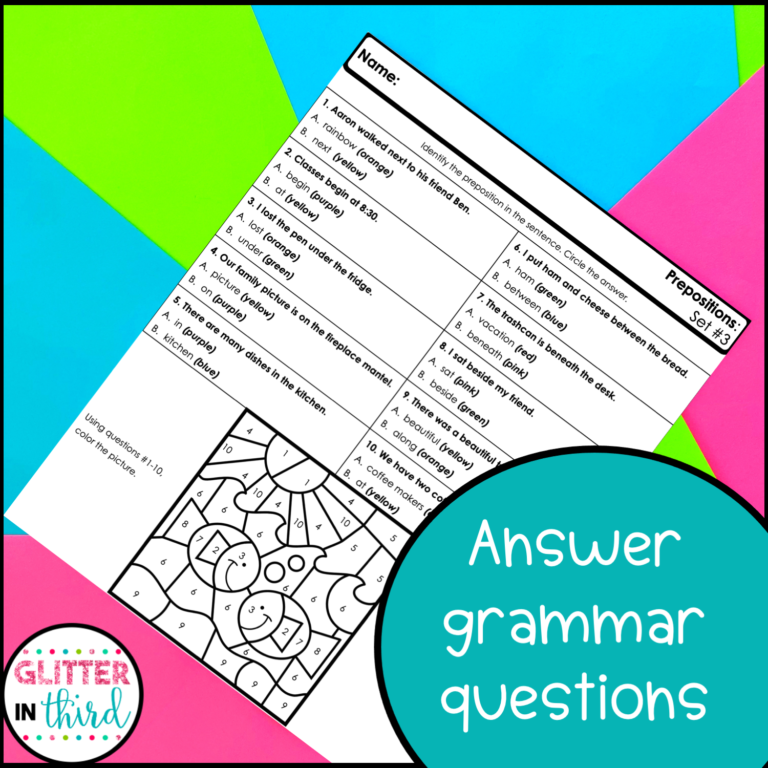 Prepositions Worksheets Color-By-Number Grammar - Glitter in Third