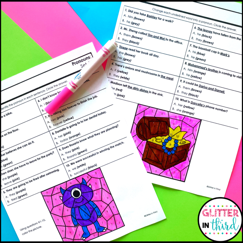 Pronouns Worksheets Color-By-Number Grammar - Glitter in Third