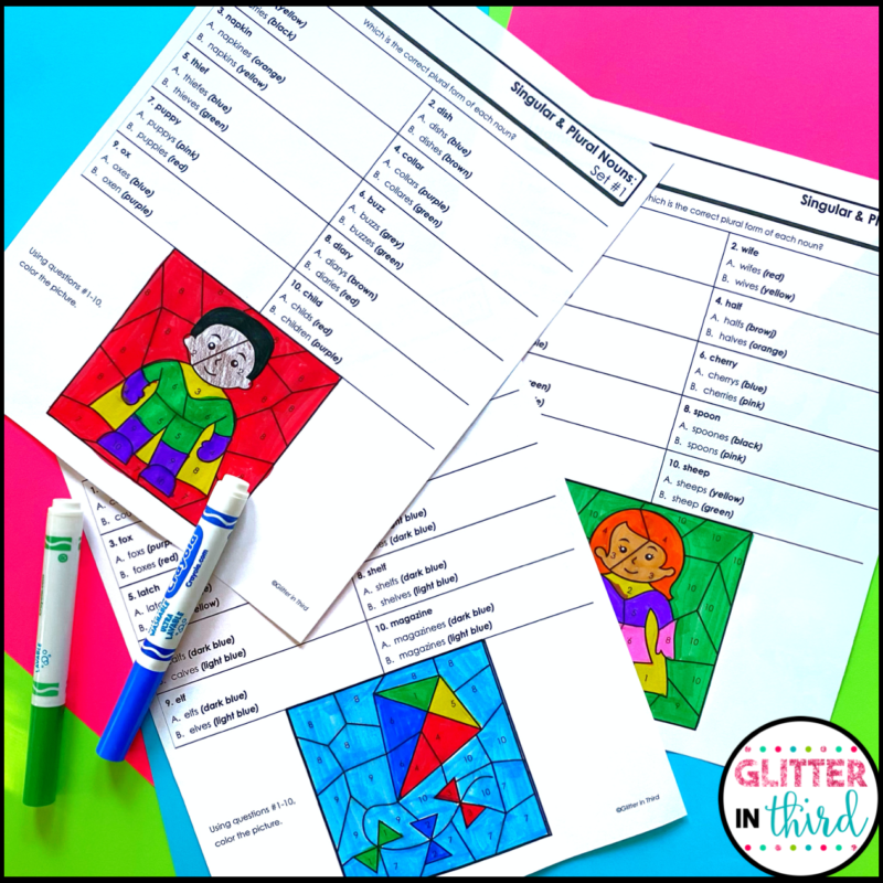 Singular and Plural Nouns Worksheets Color-By-Number Grammar - Glitter ...