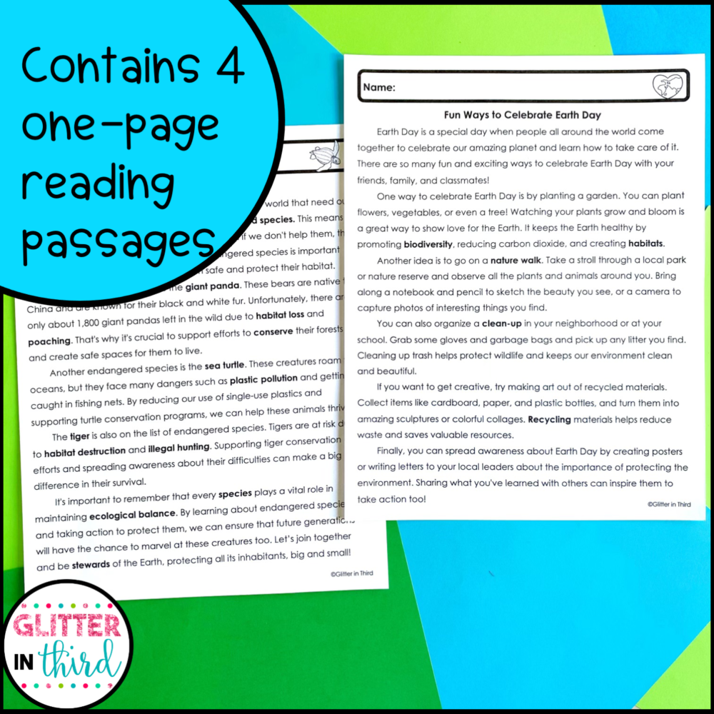Earth Day Reading Comprehension Passages Worksheets - Glitter in Third