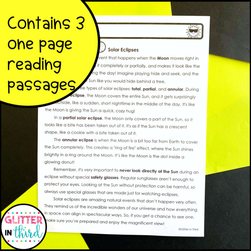 Solar Eclipse Reading Comprehension Passages Worksheets - Glitter in Third