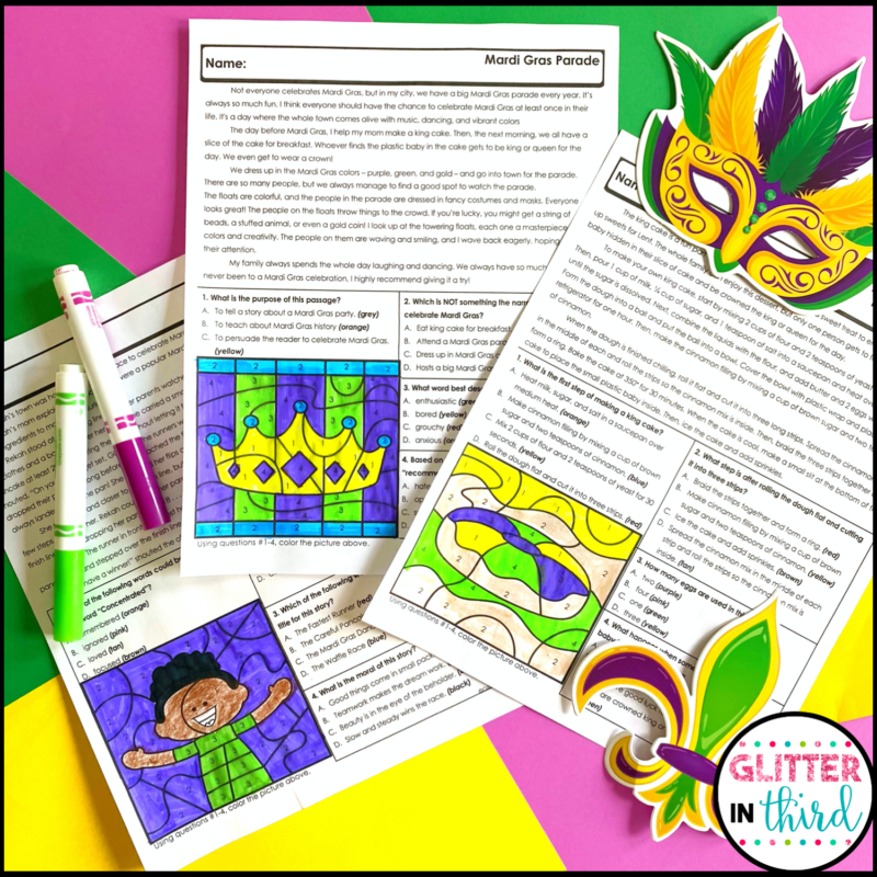 Mardi Gras Reading Comprehension Color By Number Worksheets - Glitter ...