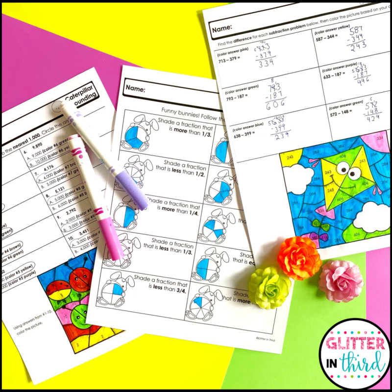 Spring Math Worksheets No Prep Color By Number - Glitter in Third