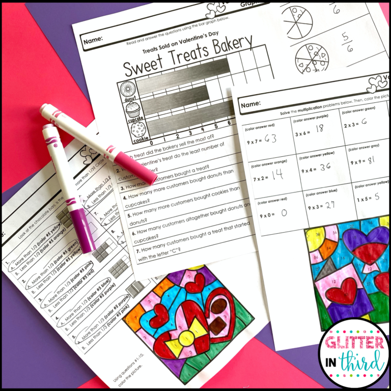 Valentine's Day 3rd Grade Math Worksheets No Prep Color By Number ...