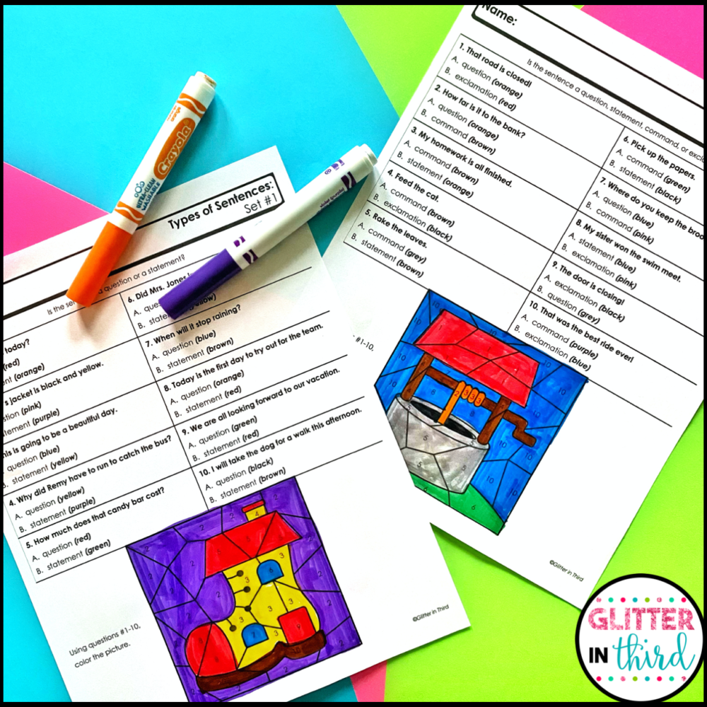Types of Sentences Worksheets Color-By-Number Grammar - Glitter in Third