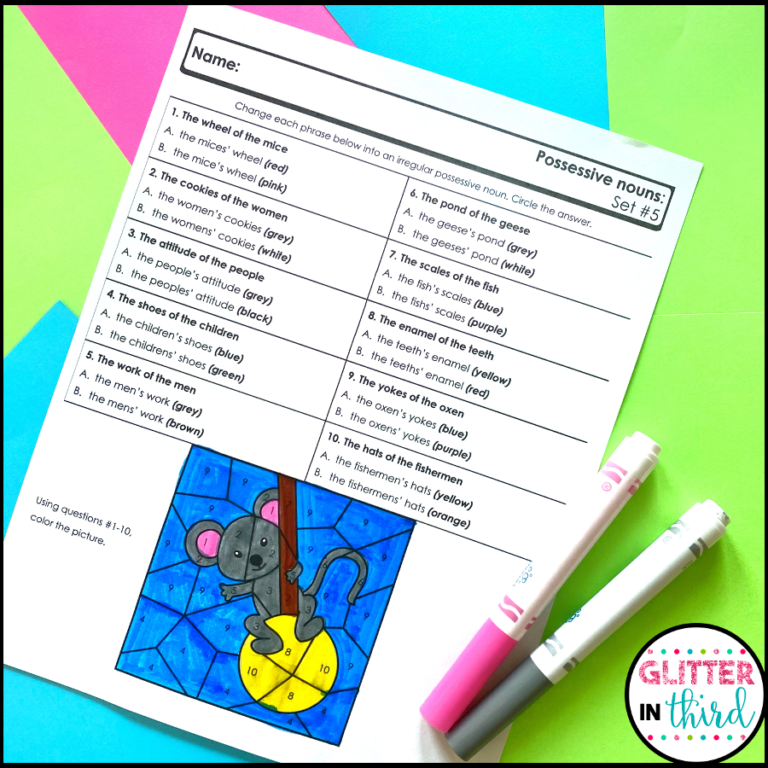 Possessive Nouns Worksheets Color-By-Number Grammar - Glitter in Third