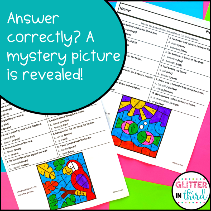 Prepositions Worksheets Color-By-Number Grammar - Glitter in Third