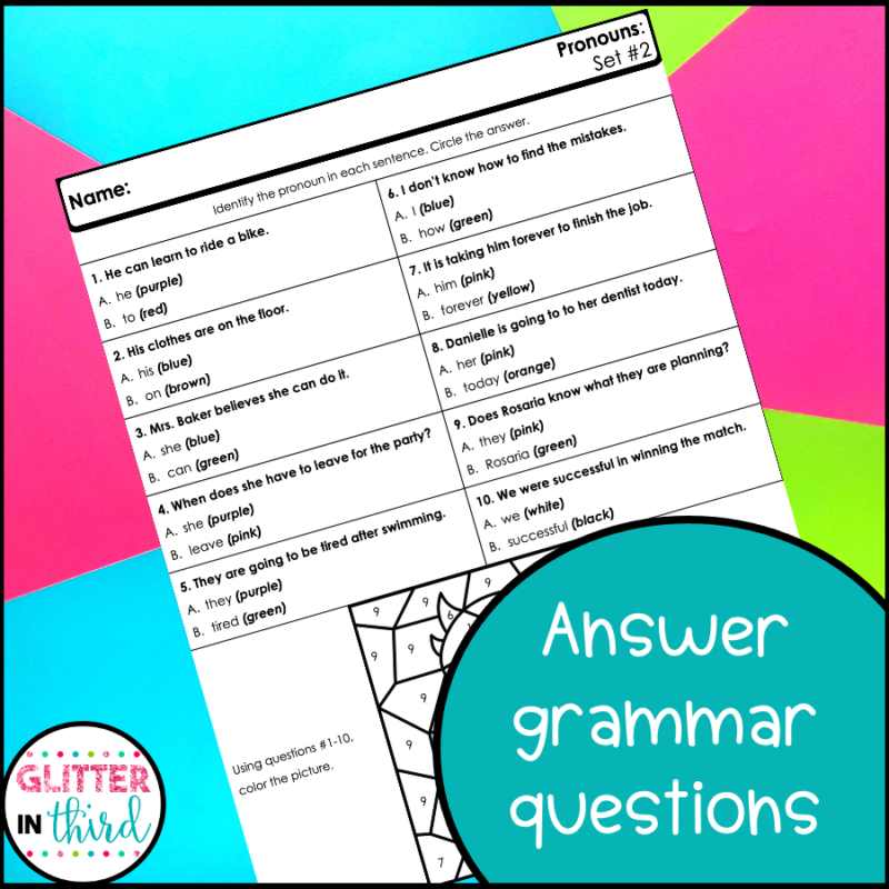 Pronouns Worksheets Color-By-Number Grammar - Glitter in Third