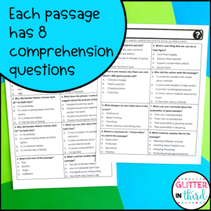 Earth Day Reading Comprehension Passages Worksheets - Glitter in Third