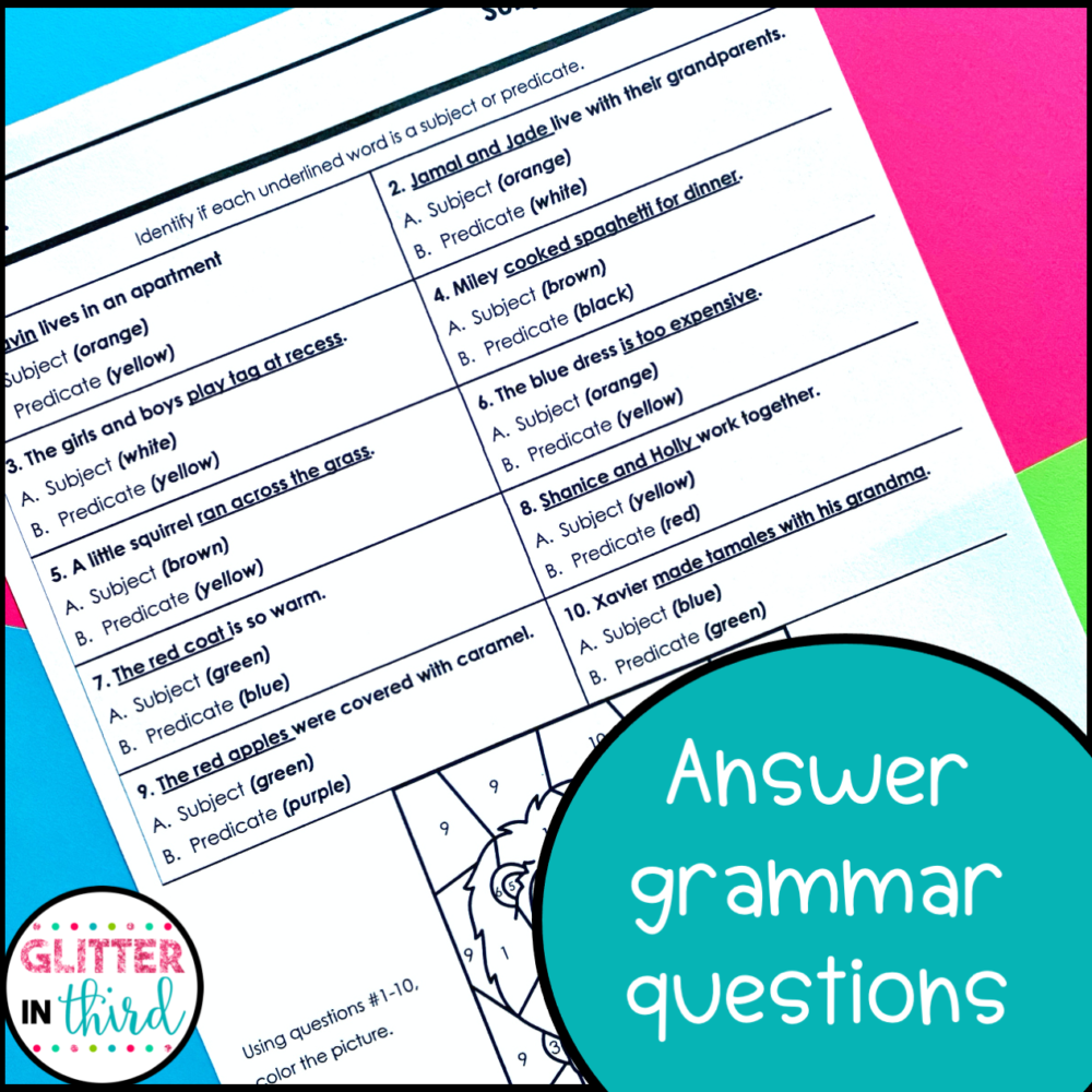 Subject and Predicate Worksheets Color-By-Number Grammar - Glitter in Third