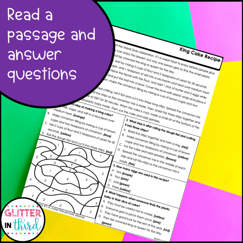 Mardi Gras Reading Comprehension Color By Number Worksheets - Glitter ...
