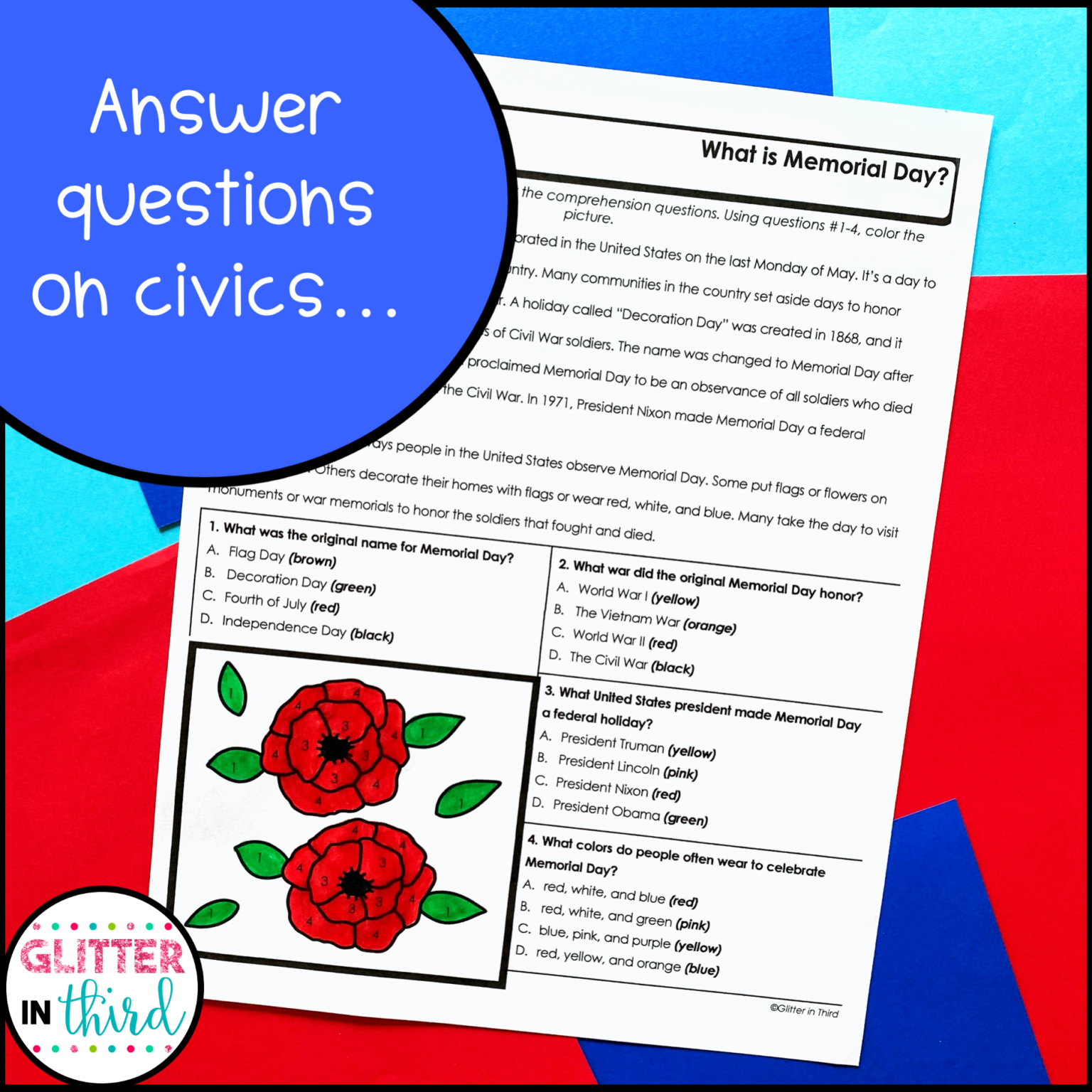 Memorial Day Reading Comprehension Color By Number Worksheets - Glitter ...