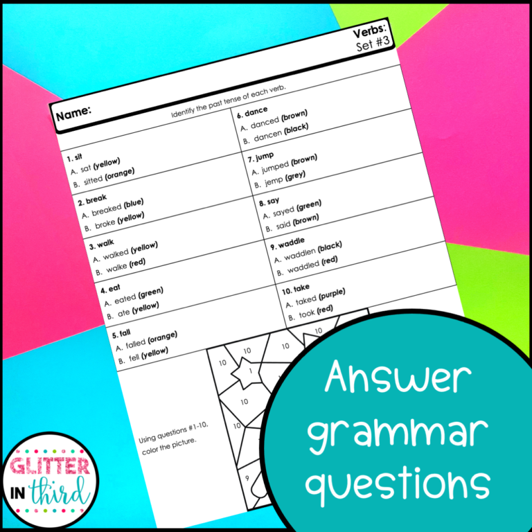 Verbs Worksheets Color-By-Number Grammar - Glitter in Third