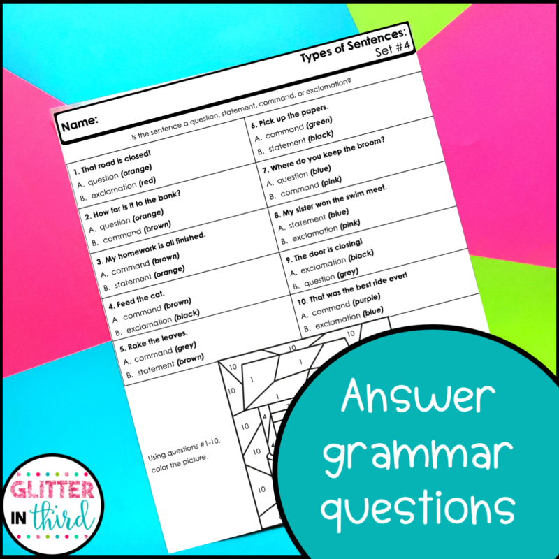 Types of Sentences Worksheets Color-By-Number Grammar - Glitter in Third