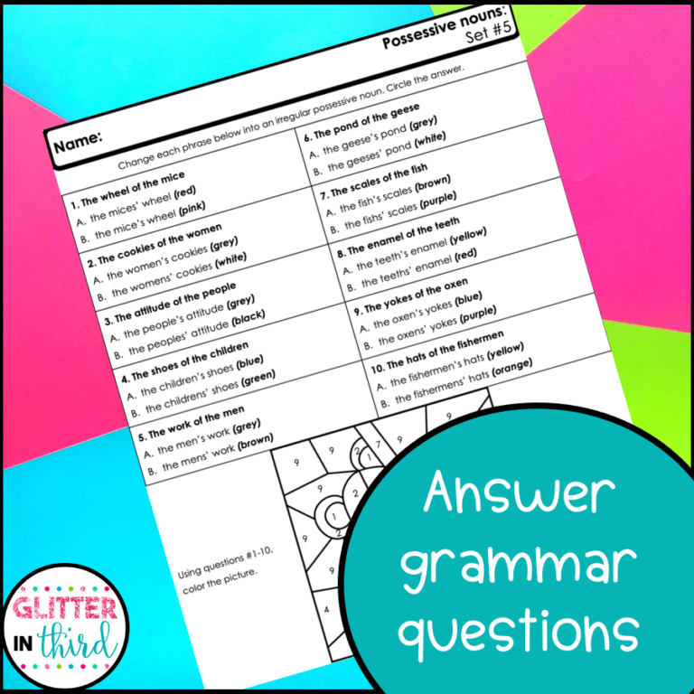 Possessive Nouns Worksheets Color-By-Number Grammar - Glitter in Third