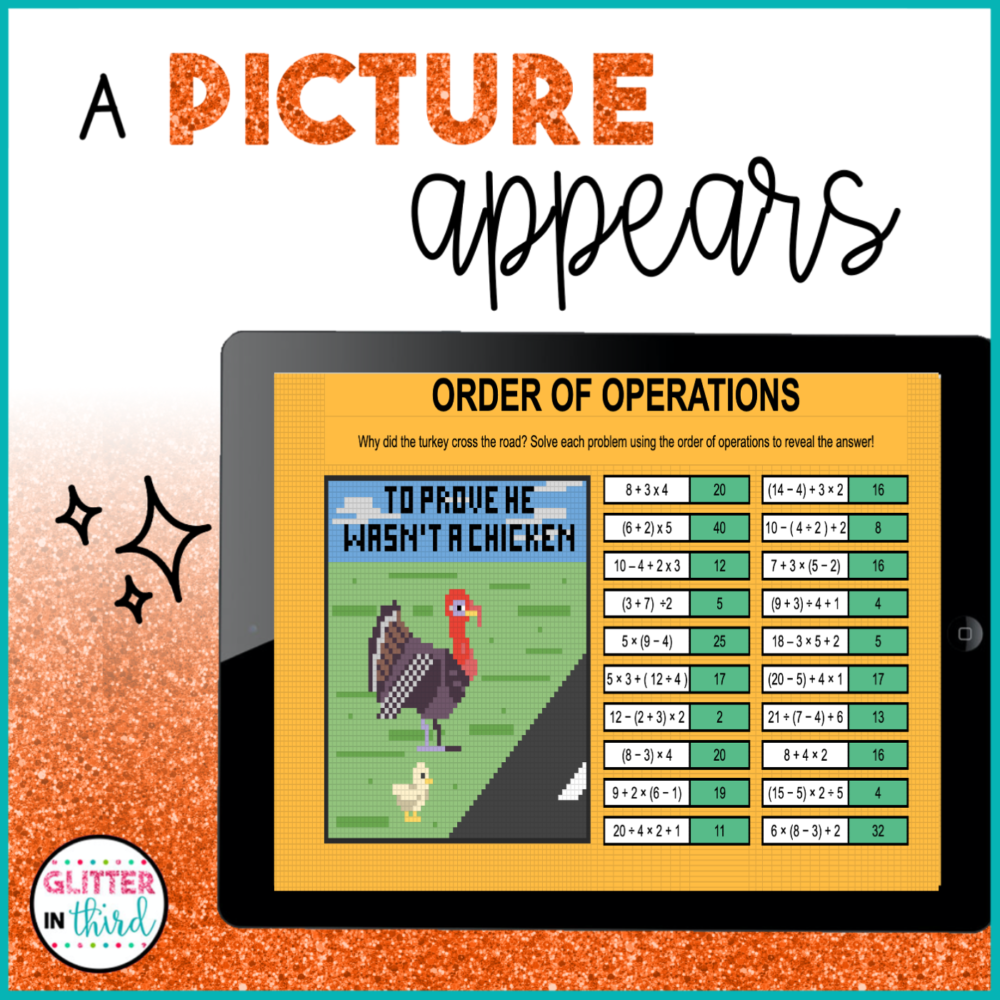Thanksgiving Order of Operations Pixel Art Activities - Glitter in Third