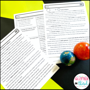 Solar Eclipse Reading Comprehension Passages Worksheets - Glitter in Third