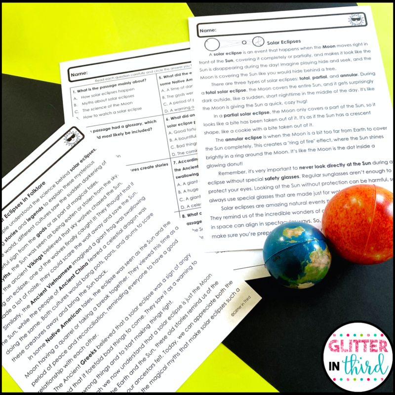 Solar Eclipse Reading Comprehension Passages Worksheets - Glitter in Third