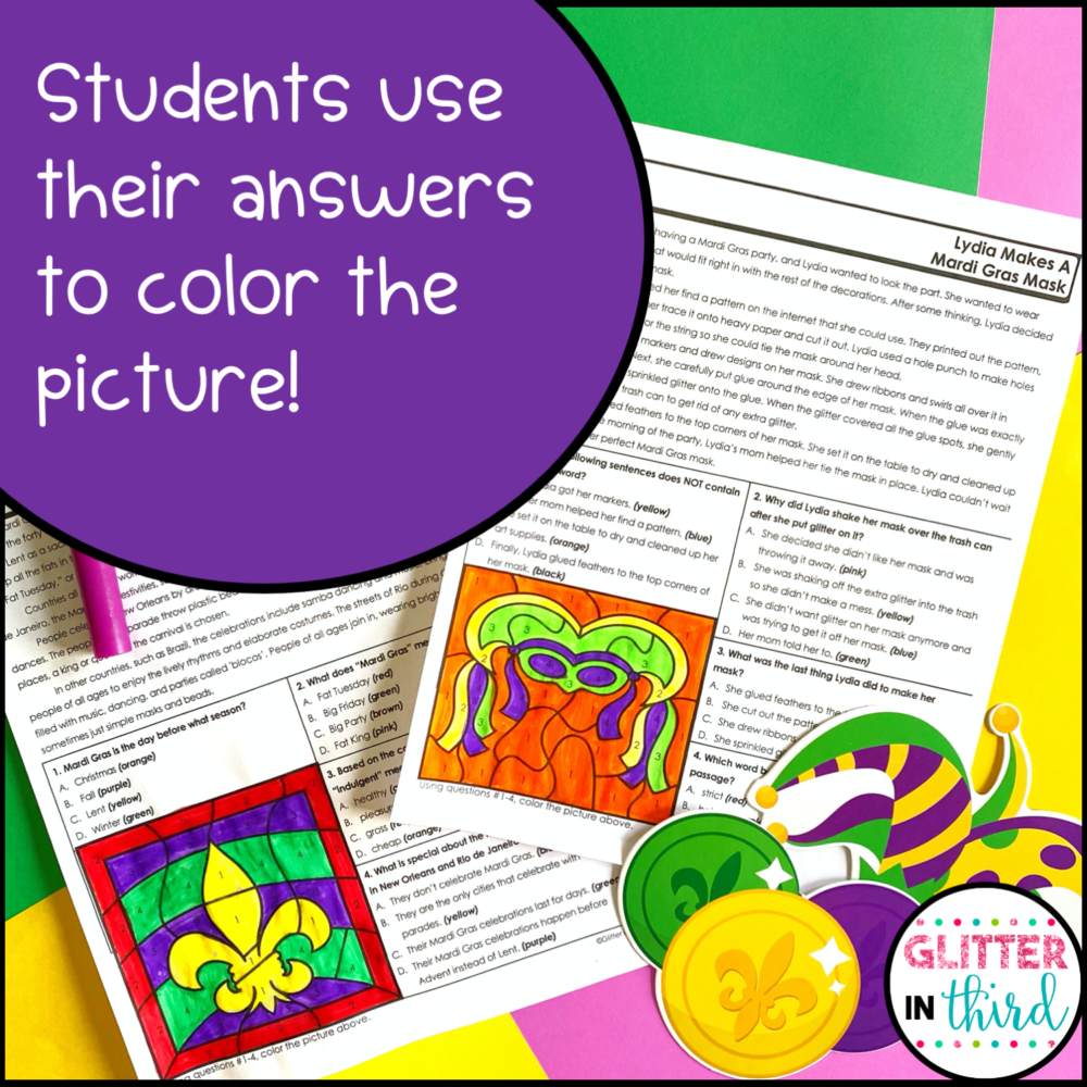Mardi Gras Reading Comprehension Color By Number Worksheets - Glitter ...