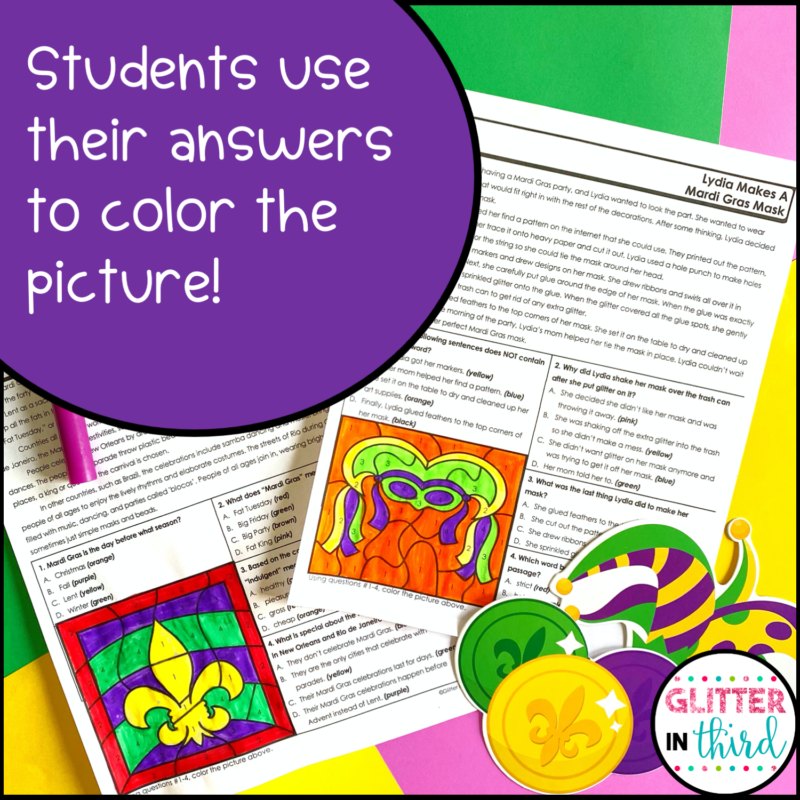Mardi Gras Reading Comprehension Color By Number Worksheets - Glitter ...