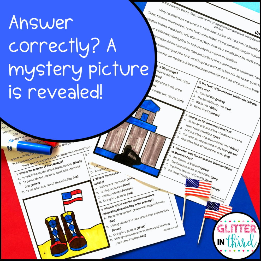 Memorial Day Reading Comprehension Color By Number Worksheets - Glitter ...