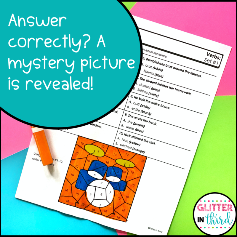 Verbs Worksheets Color-By-Number Grammar - Glitter in Third