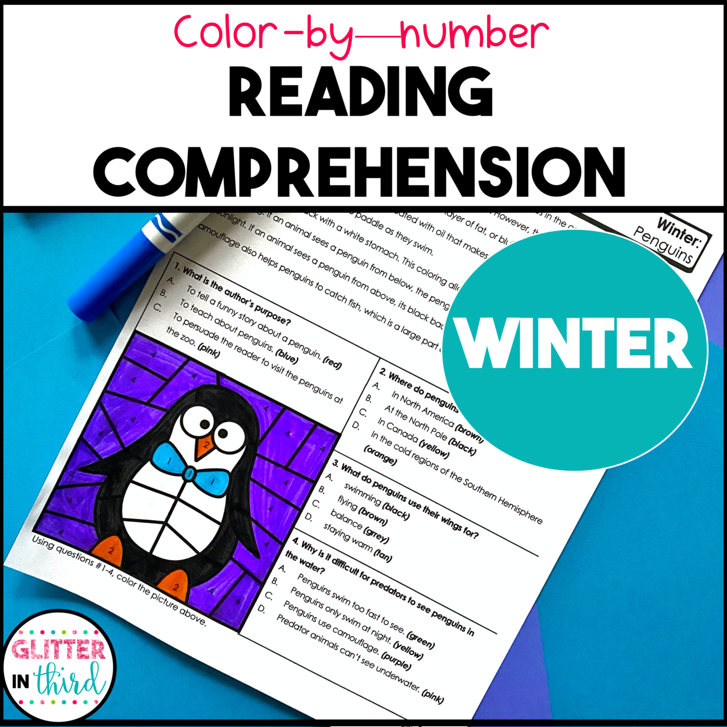 Winter Reading Comprehension Color By Number Worksheets - Glitter in Third