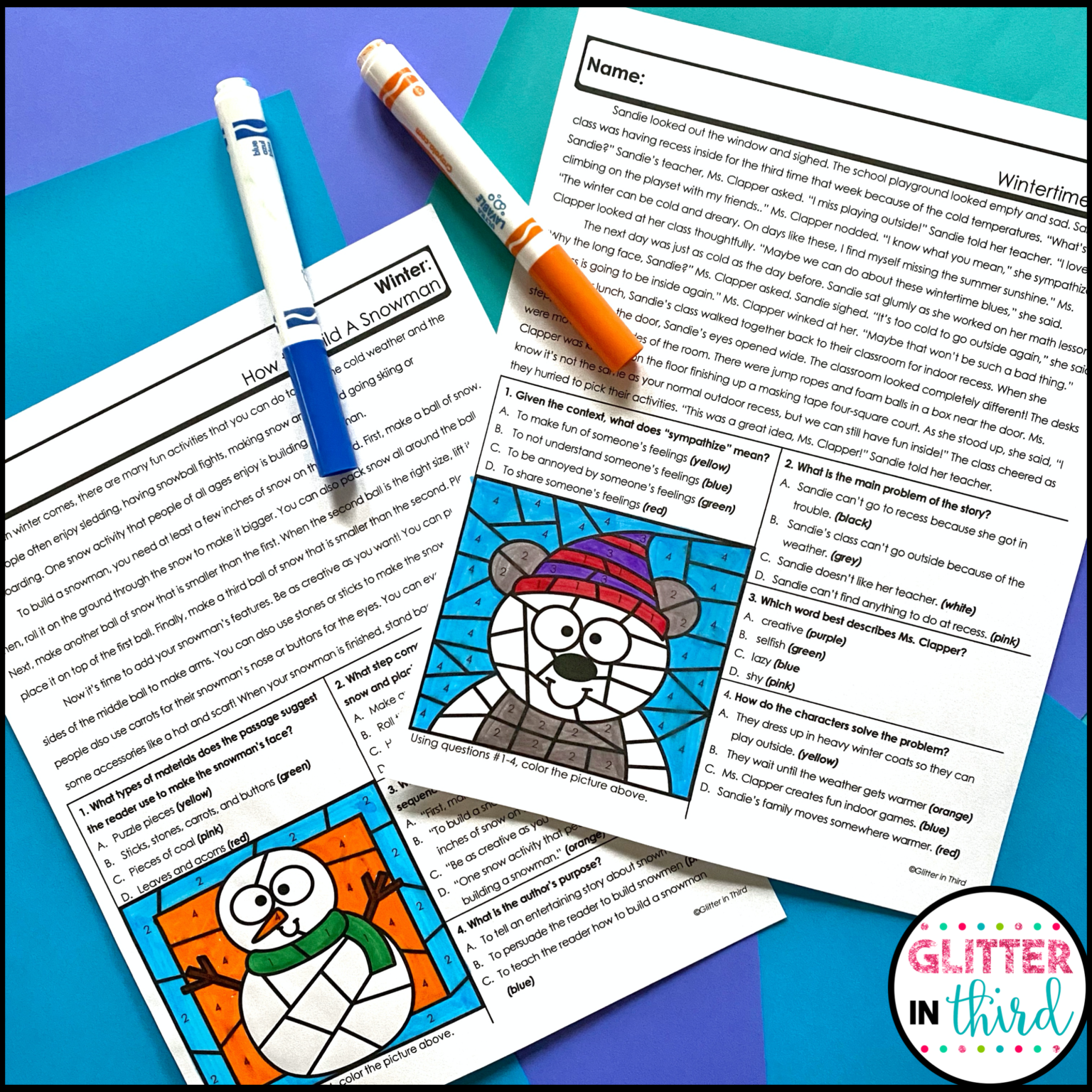 Winter Reading Comprehension Color By Number Worksheets - Glitter in Third