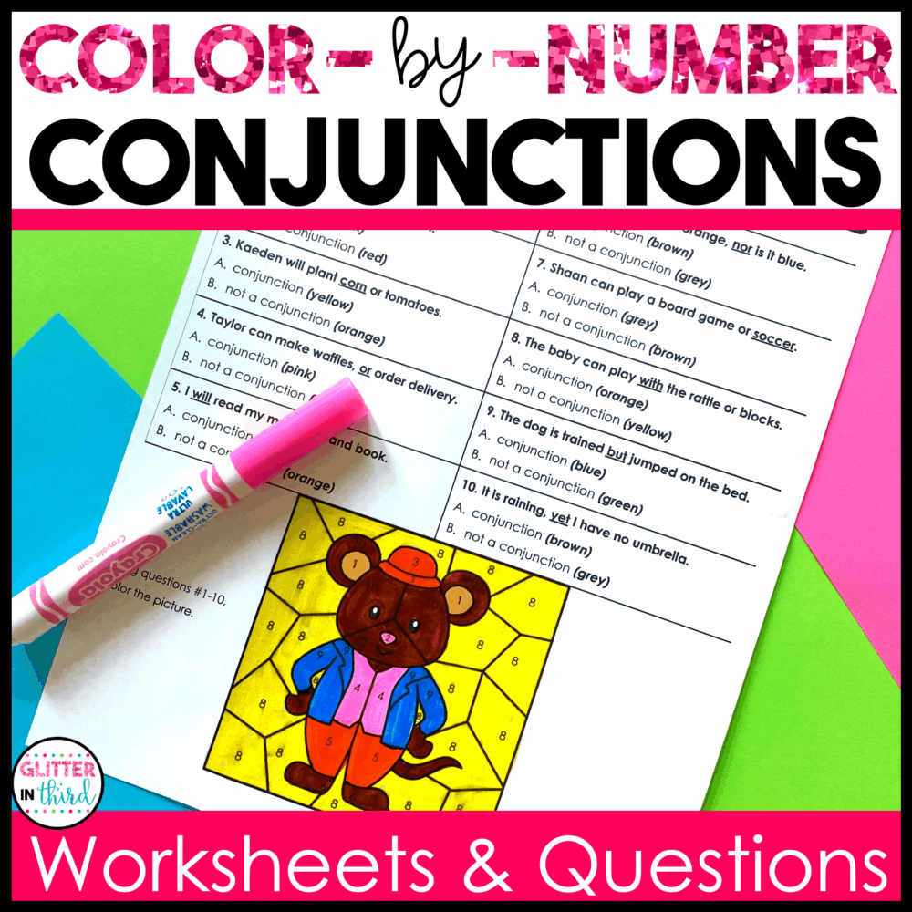 Conjunctions Worksheets Color-By-Number Grammar - Glitter in Third