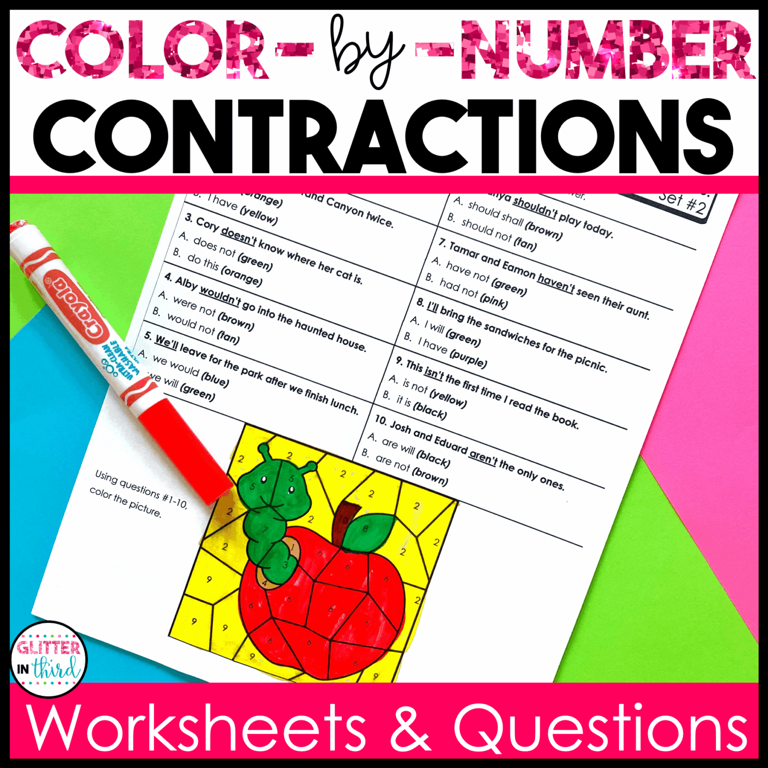 Contractions Worksheets Color-By-Number Grammar - Glitter in Third