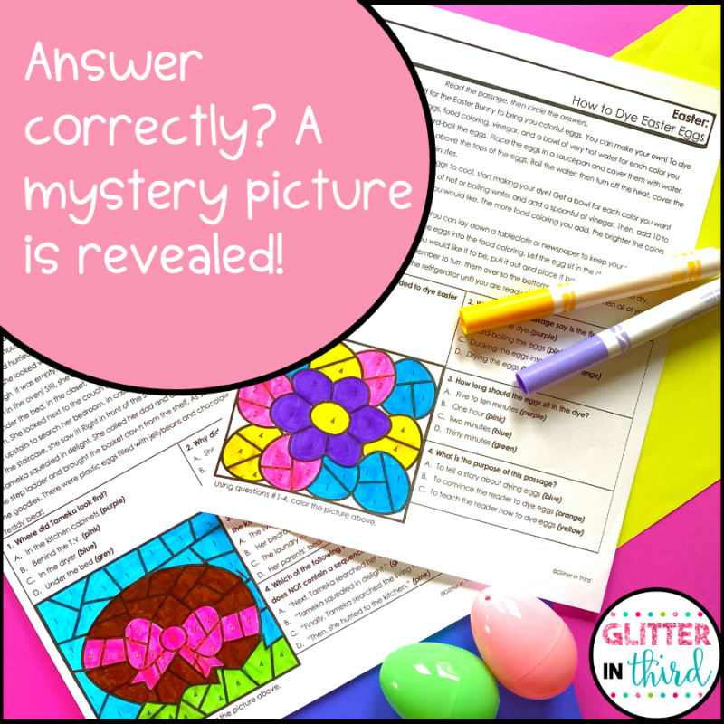 Easter Reading Comprehension Color By Number Worksheets - Glitter in Third