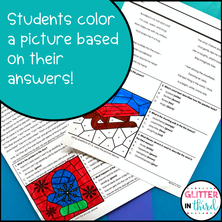 Winter Reading Comprehension Color By Number Worksheets - Glitter in Third
