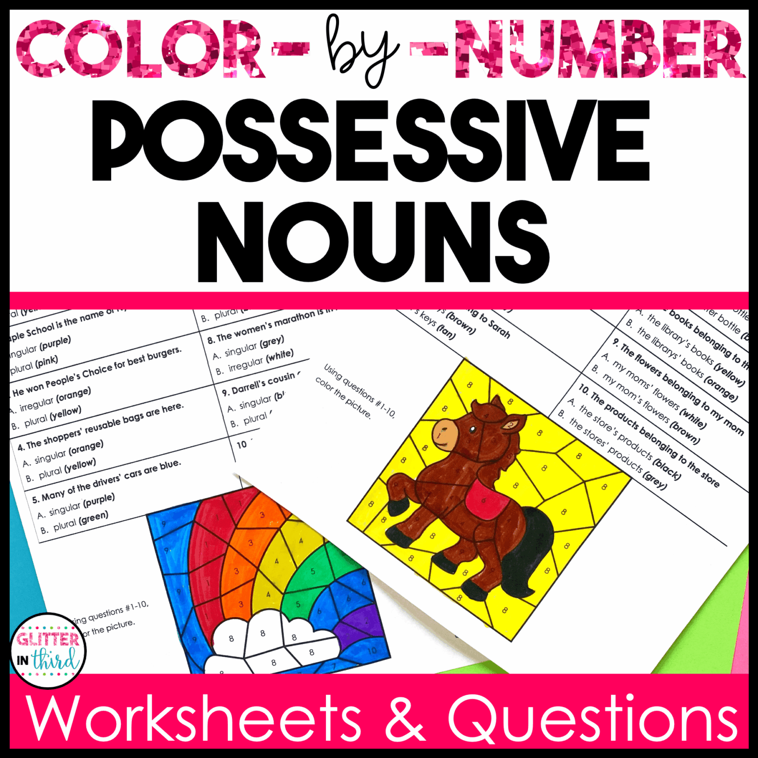 Possessive Nouns Worksheets Color-By-Number Grammar - Glitter in Third