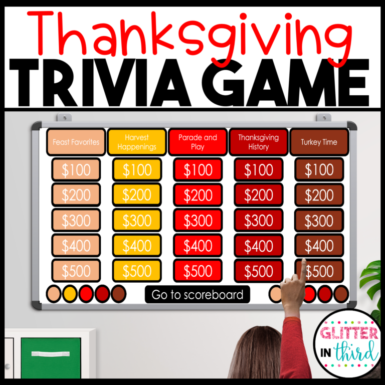 Thanksgiving Trivia Jeopardy Party Game - Glitter in Third