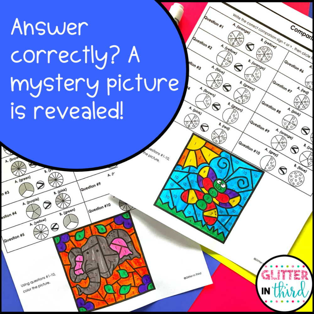 Comparing Fractions Color By Number Worksheets - Glitter in Third