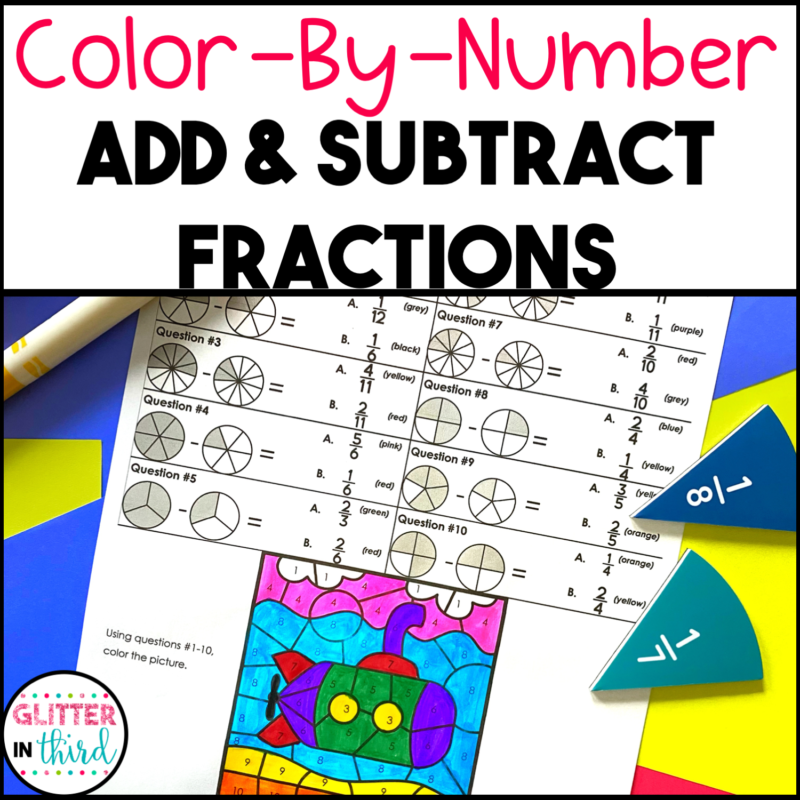 Adding and Subtracting Fractions Color By Number Worksheets - Glitter ...