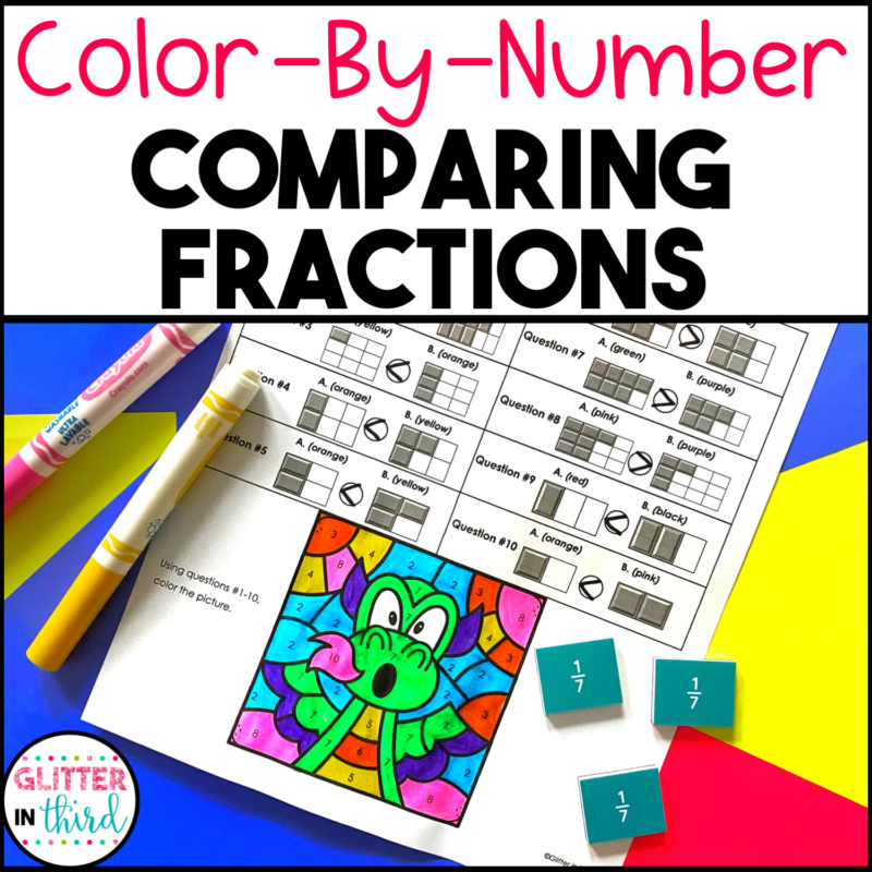Comparing Fractions Color By Number Worksheets - Glitter in Third