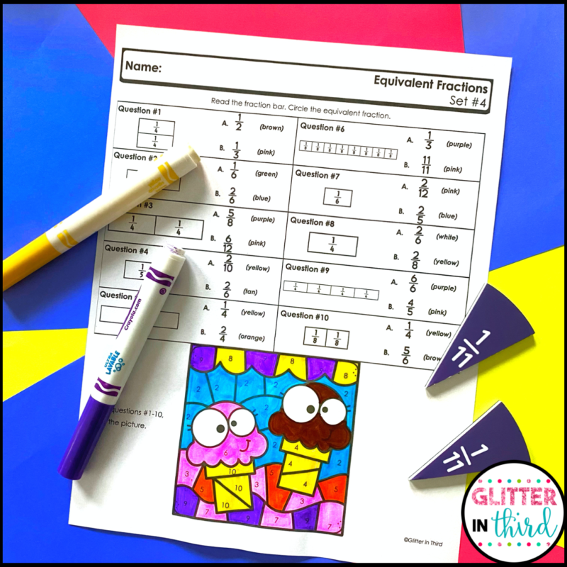 Equivalent Fractions Color By Number Worksheets - Glitter in Third