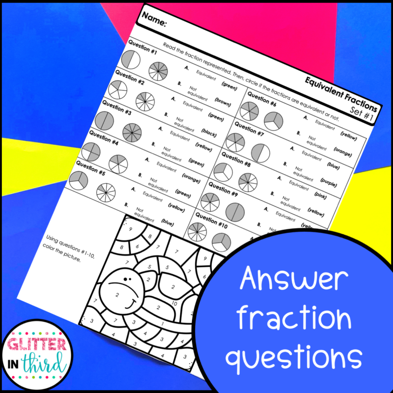 Equivalent Fractions Color By Number Worksheets - Glitter in Third
