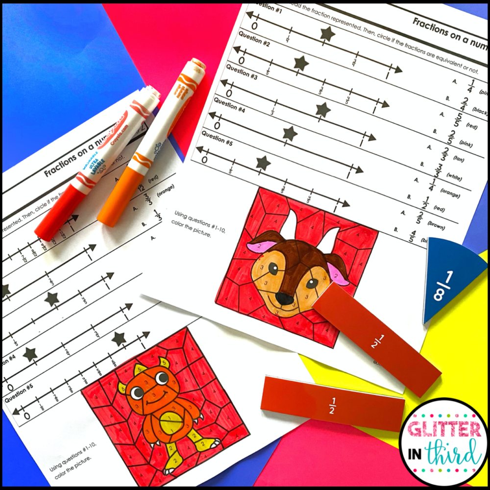 Fractions on a Number Line Color By Number Worksheets - Glitter in Third