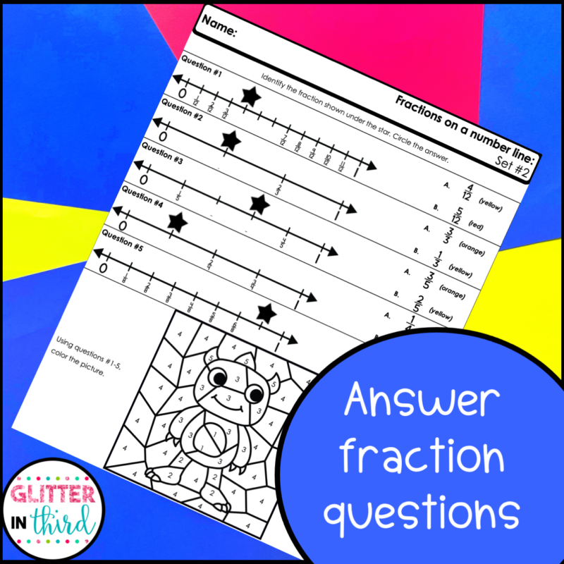 Fractions on a Number Line Color By Number Worksheets - Glitter in Third