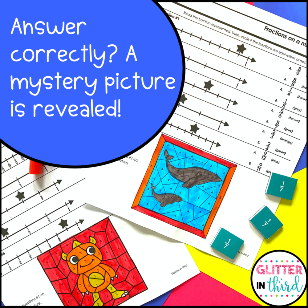 Fractions on a Number Line Color By Number Worksheets - Glitter in Third