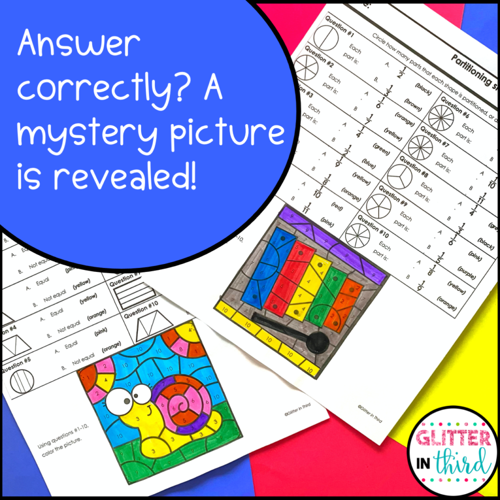 Partitioning Shapes into Equal Parts Color By Number Worksheets ...